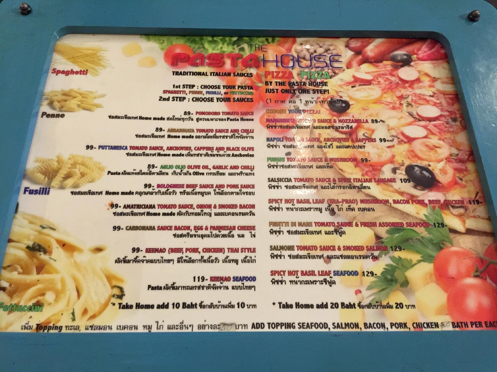 Menu at The Pasta House restaurant, Bangkok, 2