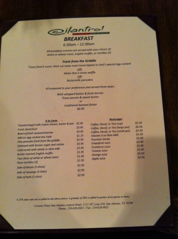 Menu at Cilantro restaurant, San Antonio