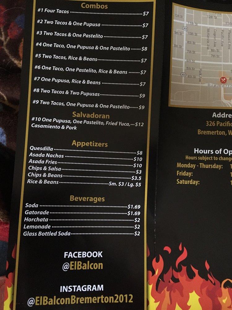 Menu at El Balcon restaurant, Bremerton