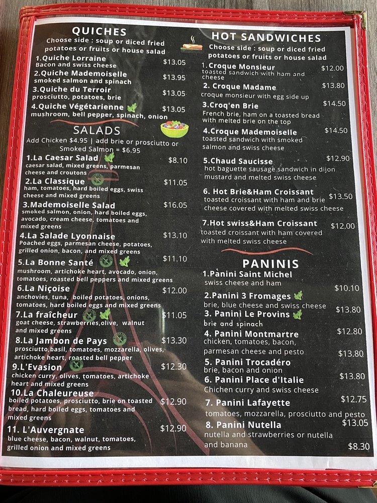 Menu at Mademoiselle Paris - French restaurant and bakery, Sarasota ...