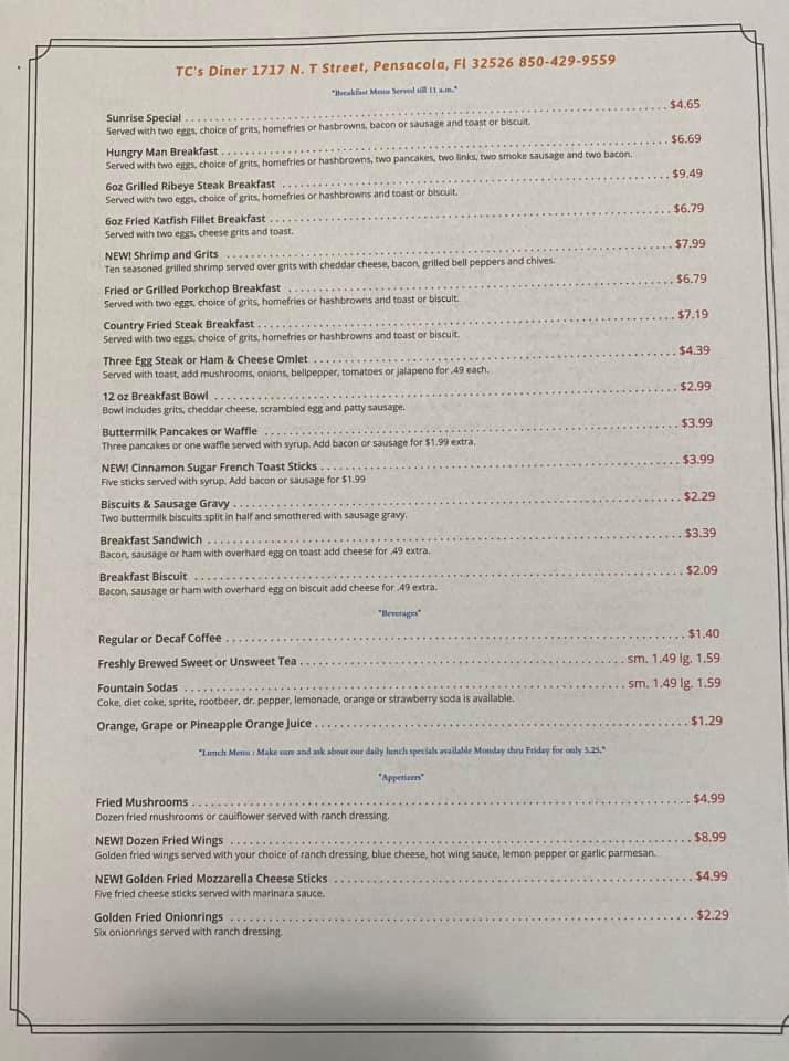 Menu at TC'S DINER restaurant, Pensacola