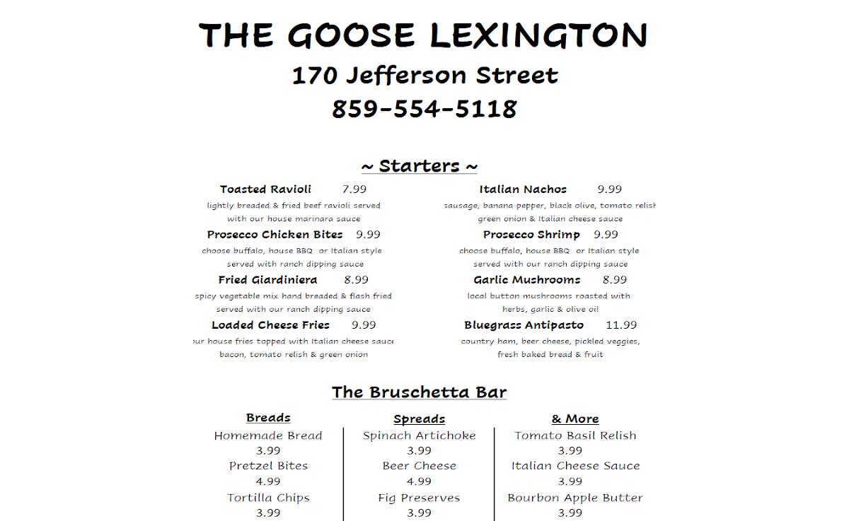 Menu at The Goose Lexington pub & bar, Lexington