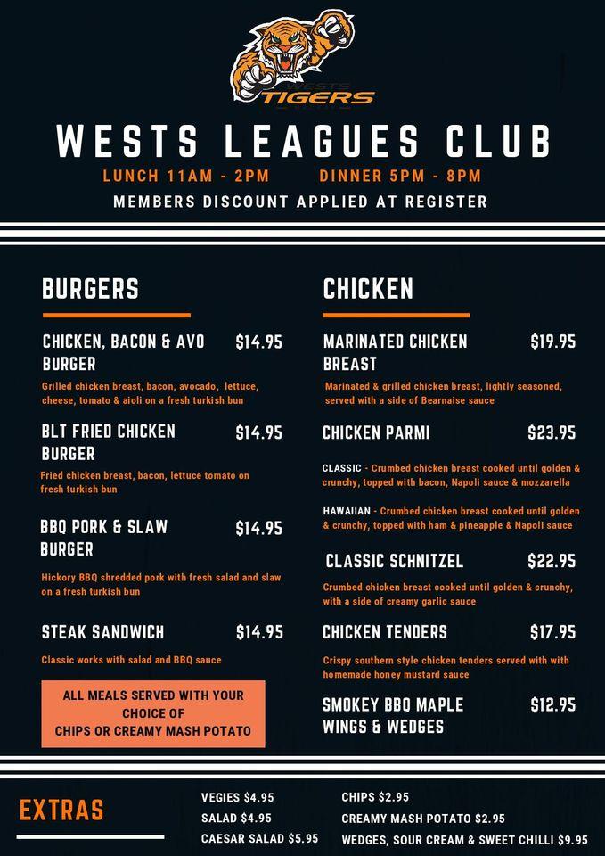 Menu at Wests Tigers Mackay restaurant, Walkerston