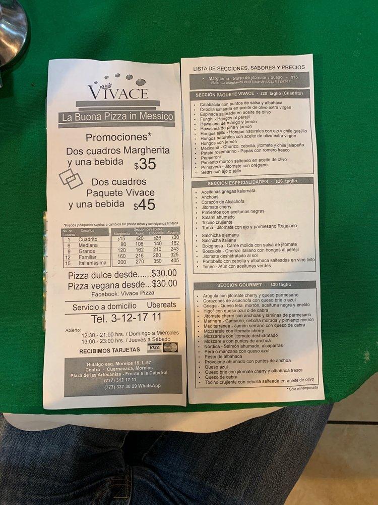 Menu at vivace pizza pizzeria, Cuernavaca, Miguel Hidalgo 19-local 57
