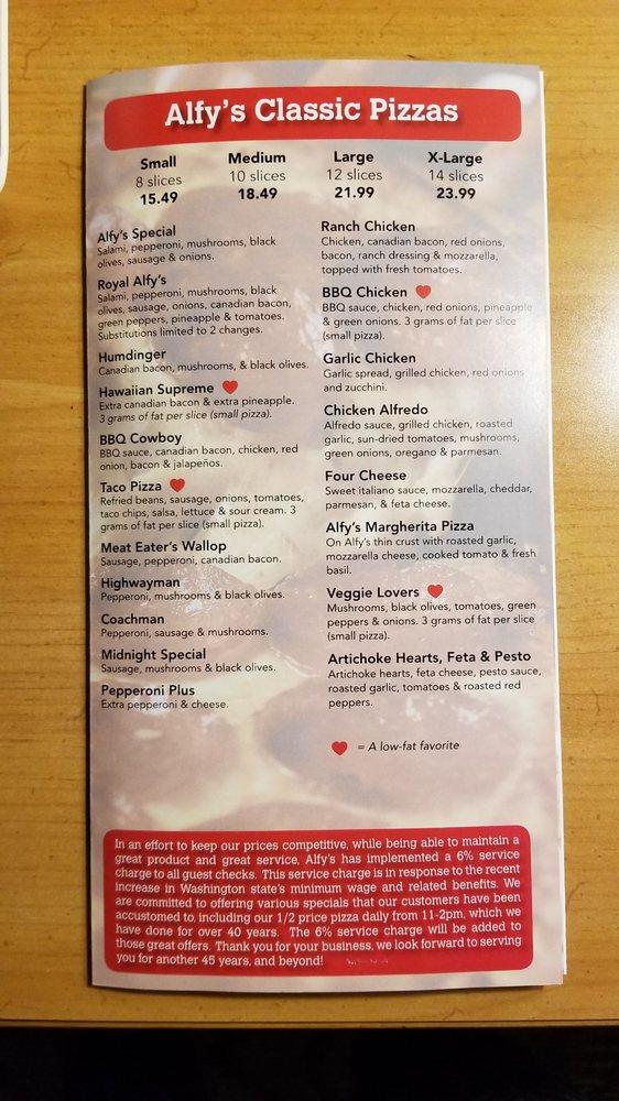 Menu at Alfy's Pizza at Water's Edge pizzeria, Oak Harbor