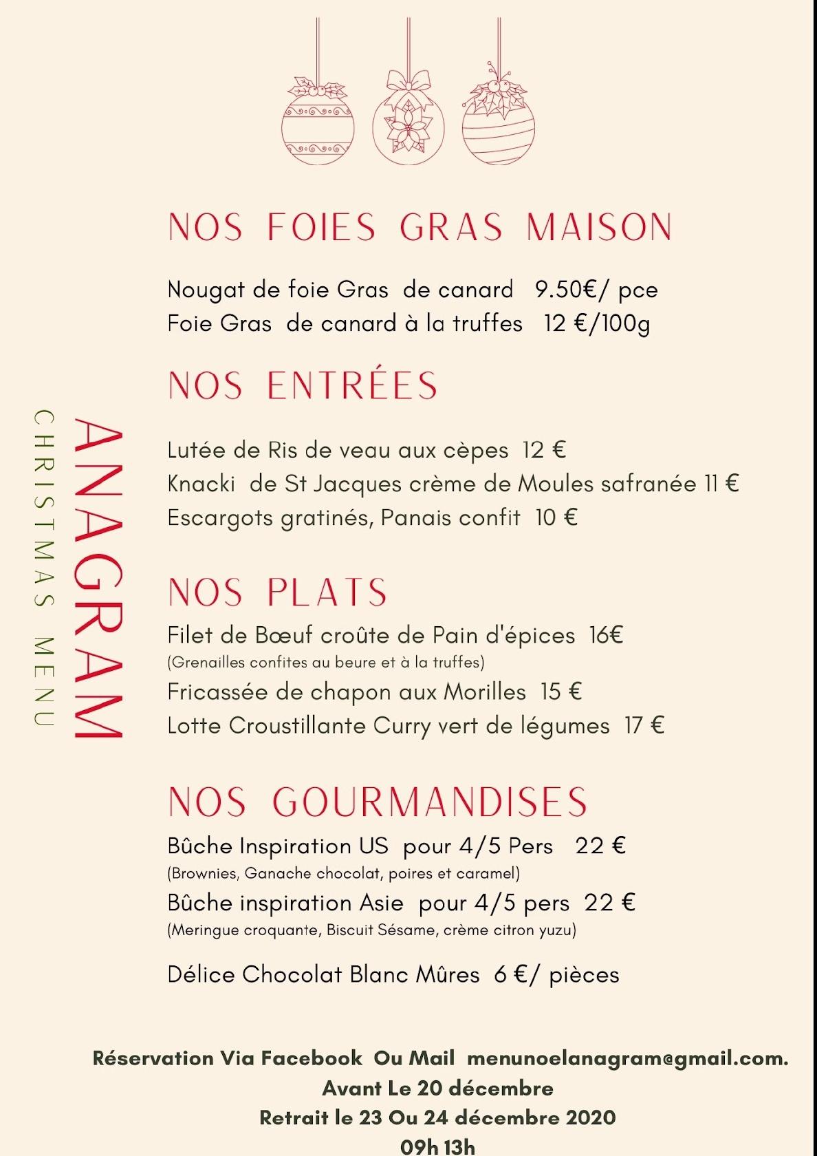 Menu au Anagram restaurant, Arras, 23 Grand'Place