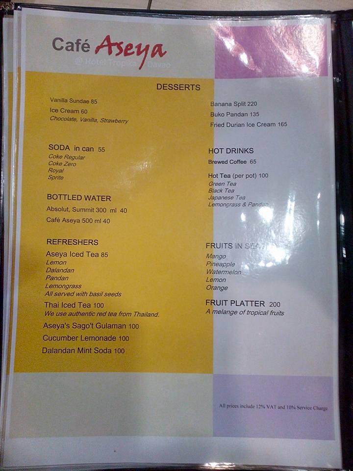 Menu at Aseya cafe, Davao City