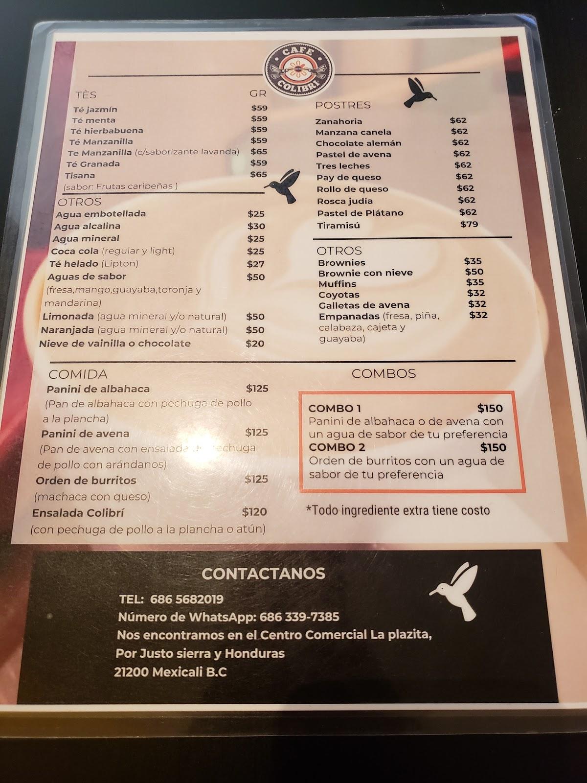 Carta de Café Colibrí, Mexicali, Av. Justo Sierra esq Avenida República ...