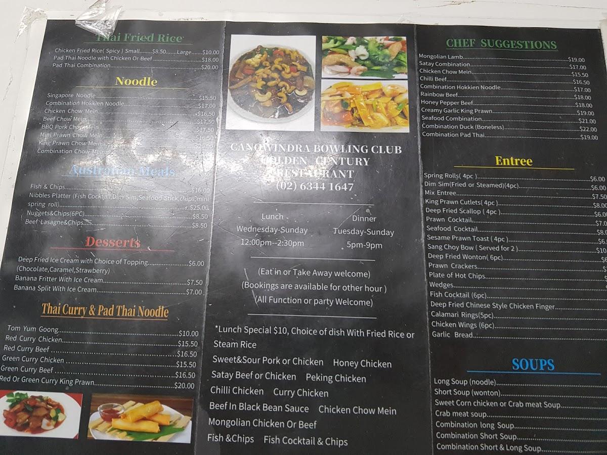 Menu at Golden Century Chinese Restaurant Bowling Club, Canowindra