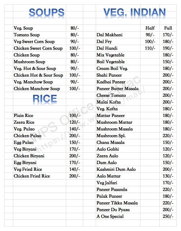 Menu at A-One Hotel And Restaurant, Bungal