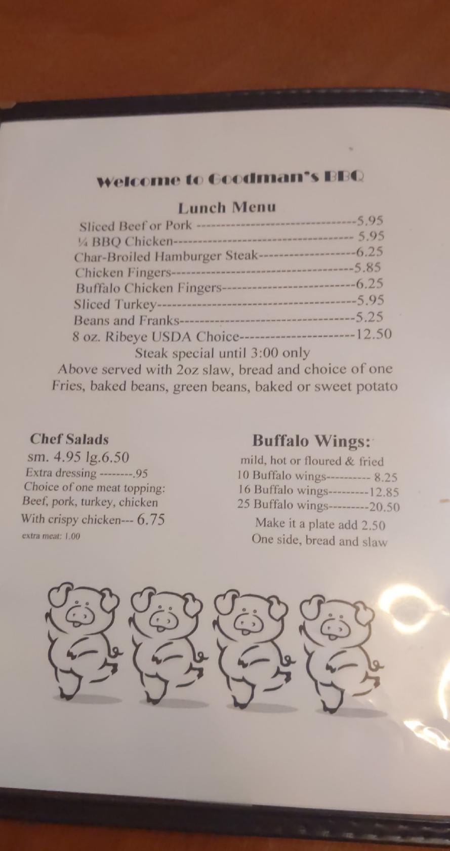 Menu at Goodman's Real Pit BBQ, Perry