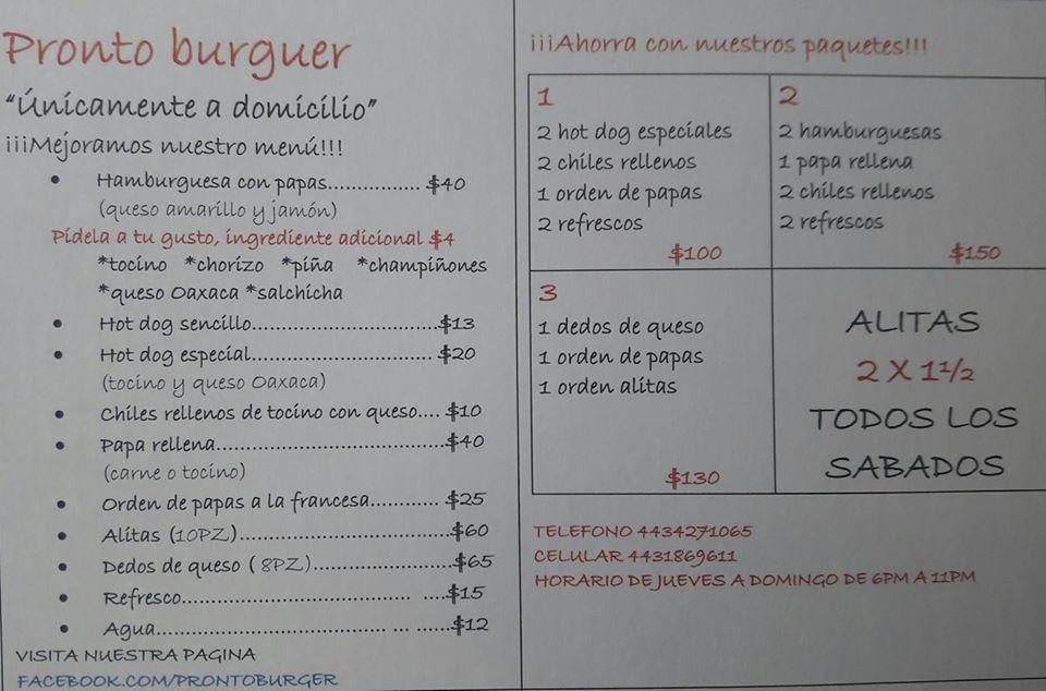 Menu at Pronto burger restaurant, Morelia