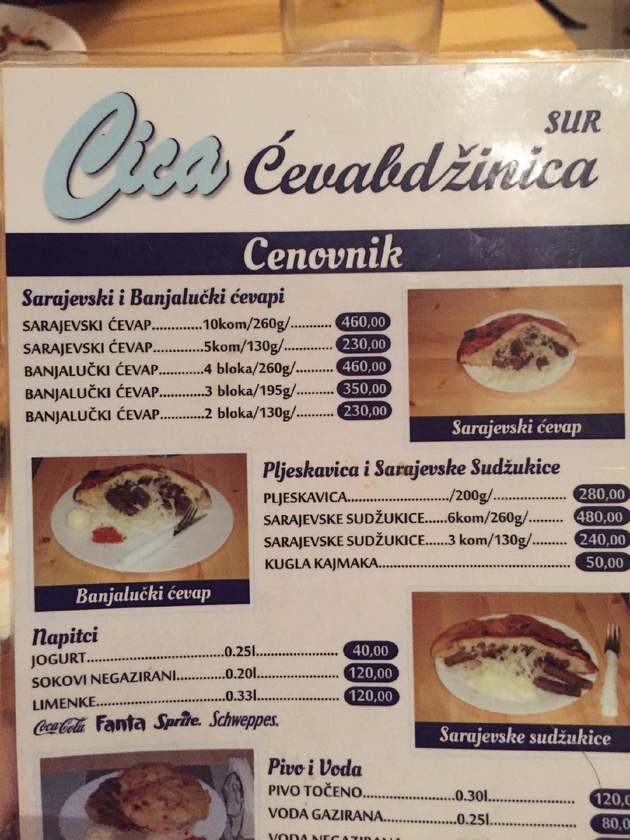 Menu at Ćevabdžinica Cica restaurant, Belgrade, Đure Jakšića 11