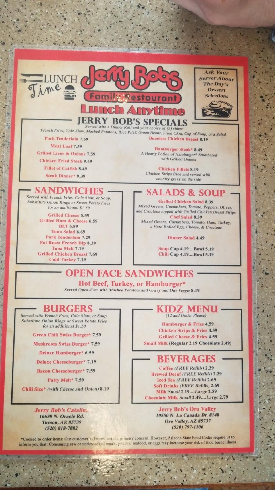 Menu at Jerry Bob's Catalina restaurant, Catalina, N Oracle Rd