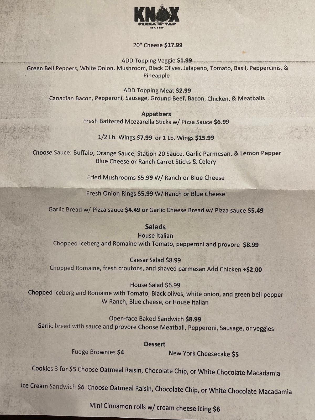 Menu at Knox Pizza & Tap pizzeria, Denver