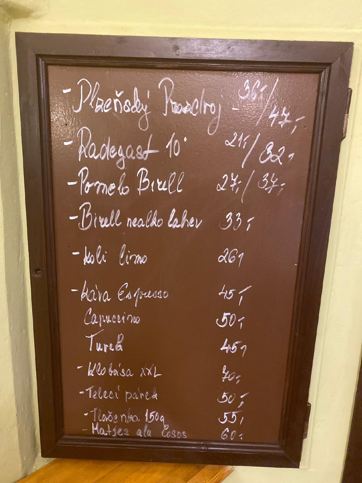 Menu at Lokál U Benyho pub & bar, Prague