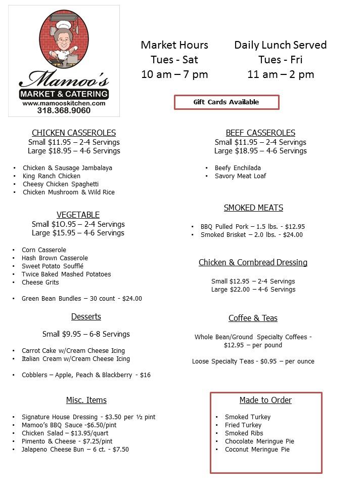 Menu at Mamoo's Market & Catering restaurant, Farmerville