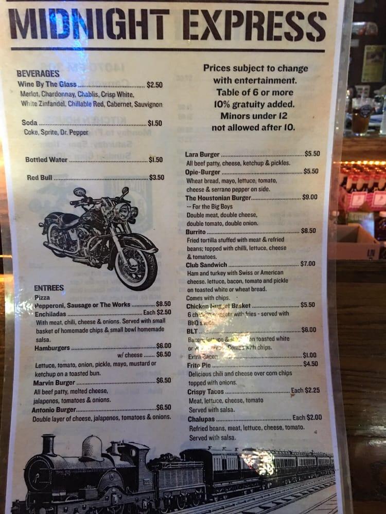 Menu at Midnight Express pub & bar, Canyon Lake
