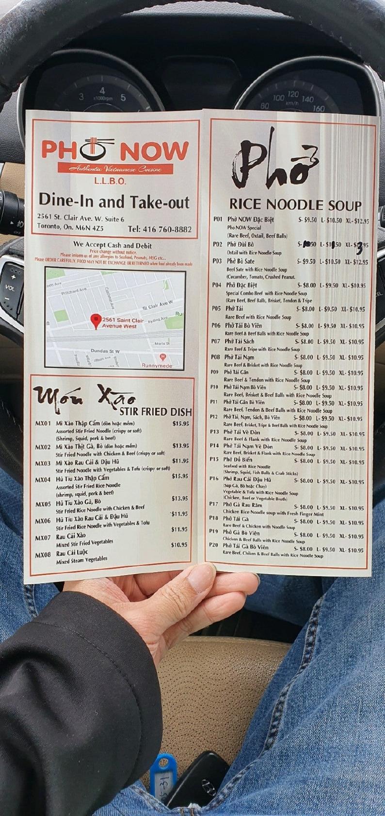 Menu at Pho Now restaurant, Toronto