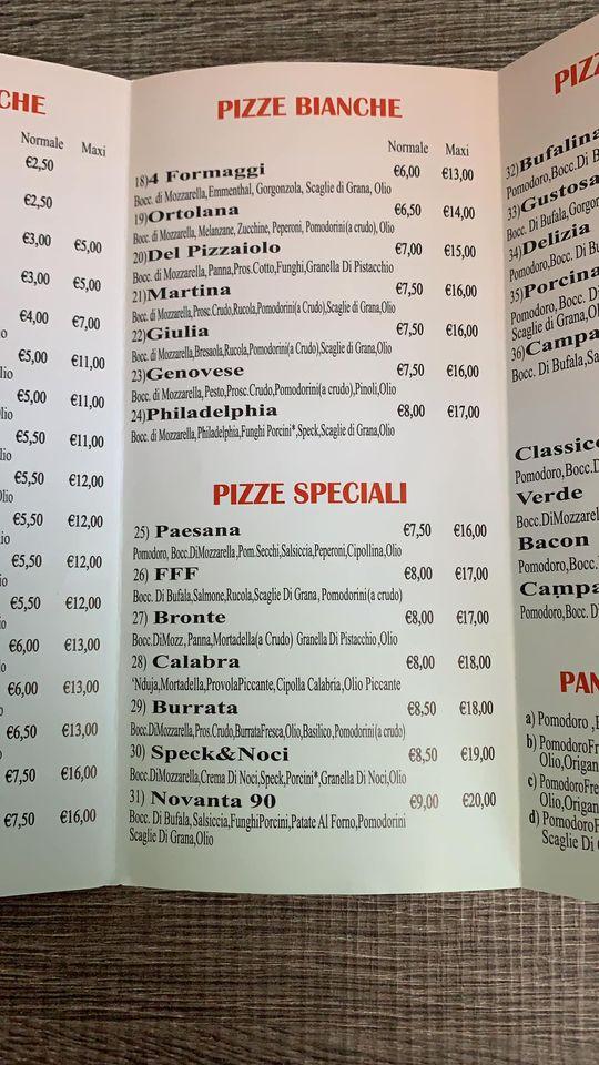 Menu at Pizzeria 90, Trecastagni