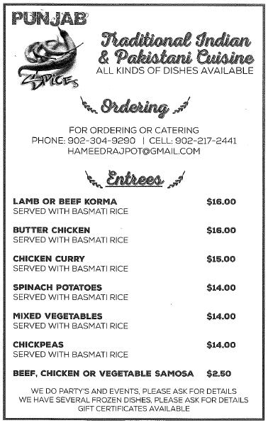 Menu at Punjab Spices restaurant, Sydney