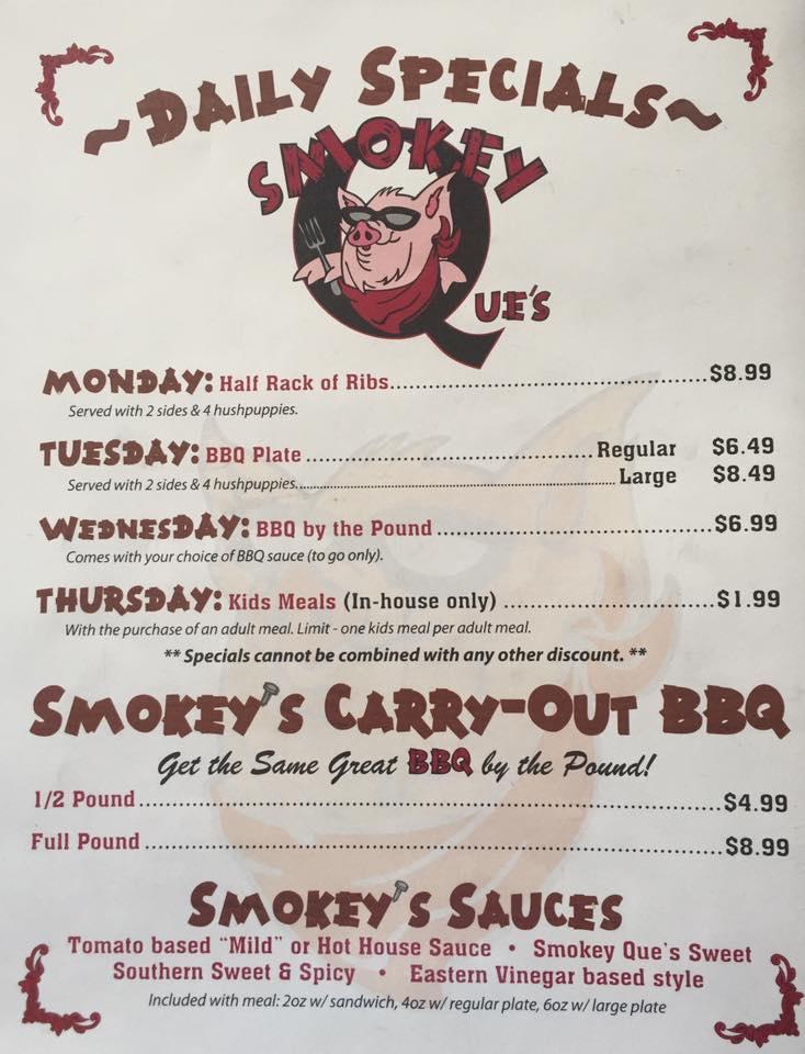 Menu at Smokey Que's BBQ, Marion