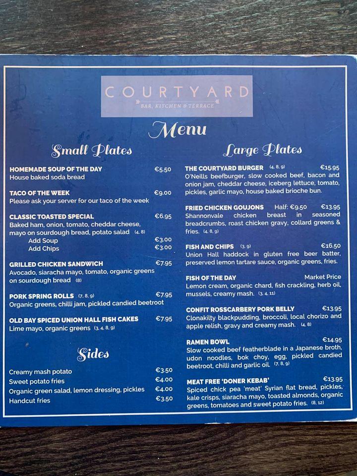 Menu at Courtyard Bar, Clonakilty, Hartes Courtyard