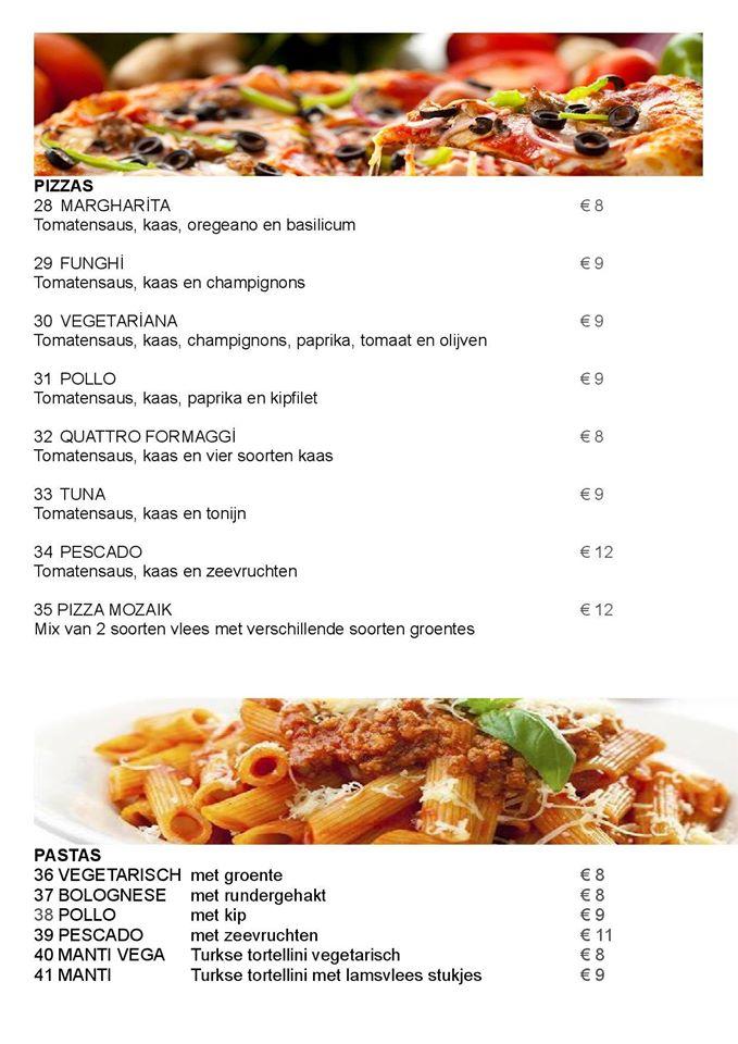 Menu at Mozaik, Rotterdam, Oostzeedijk 243