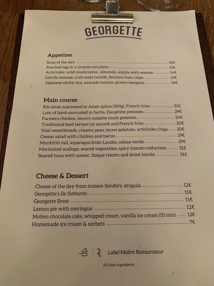 Menu at Restaurant Georgette, Paris