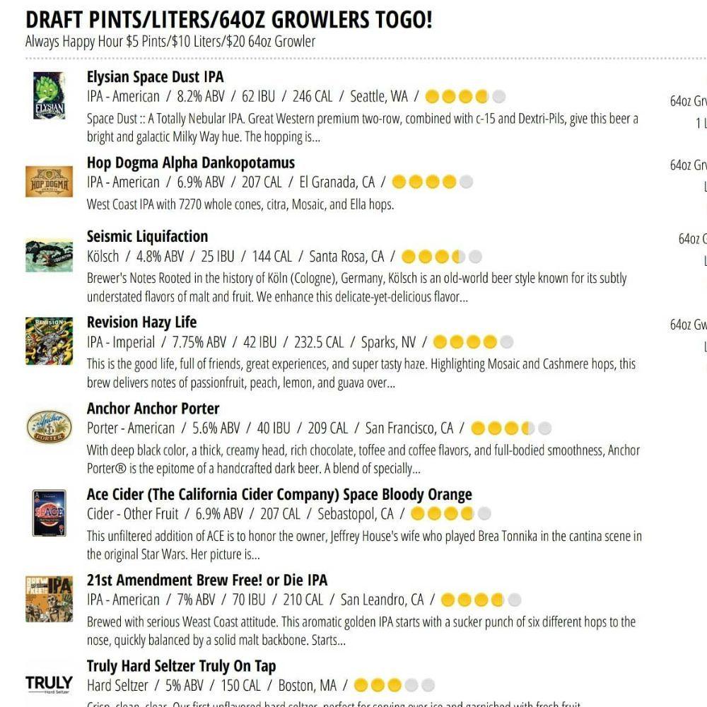 Menu at Beach Hut Deli pub & bar, San Mateo