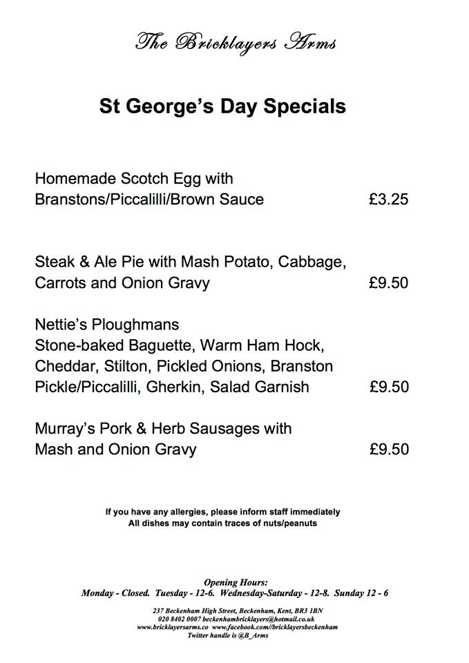 Menu at The Bricklayers Arms pub & bar, Beckenham, 237 High St