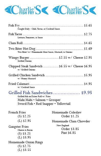 Menu at Charlie's Fish Fry & Seafood restaurant, Deerfield Beach
