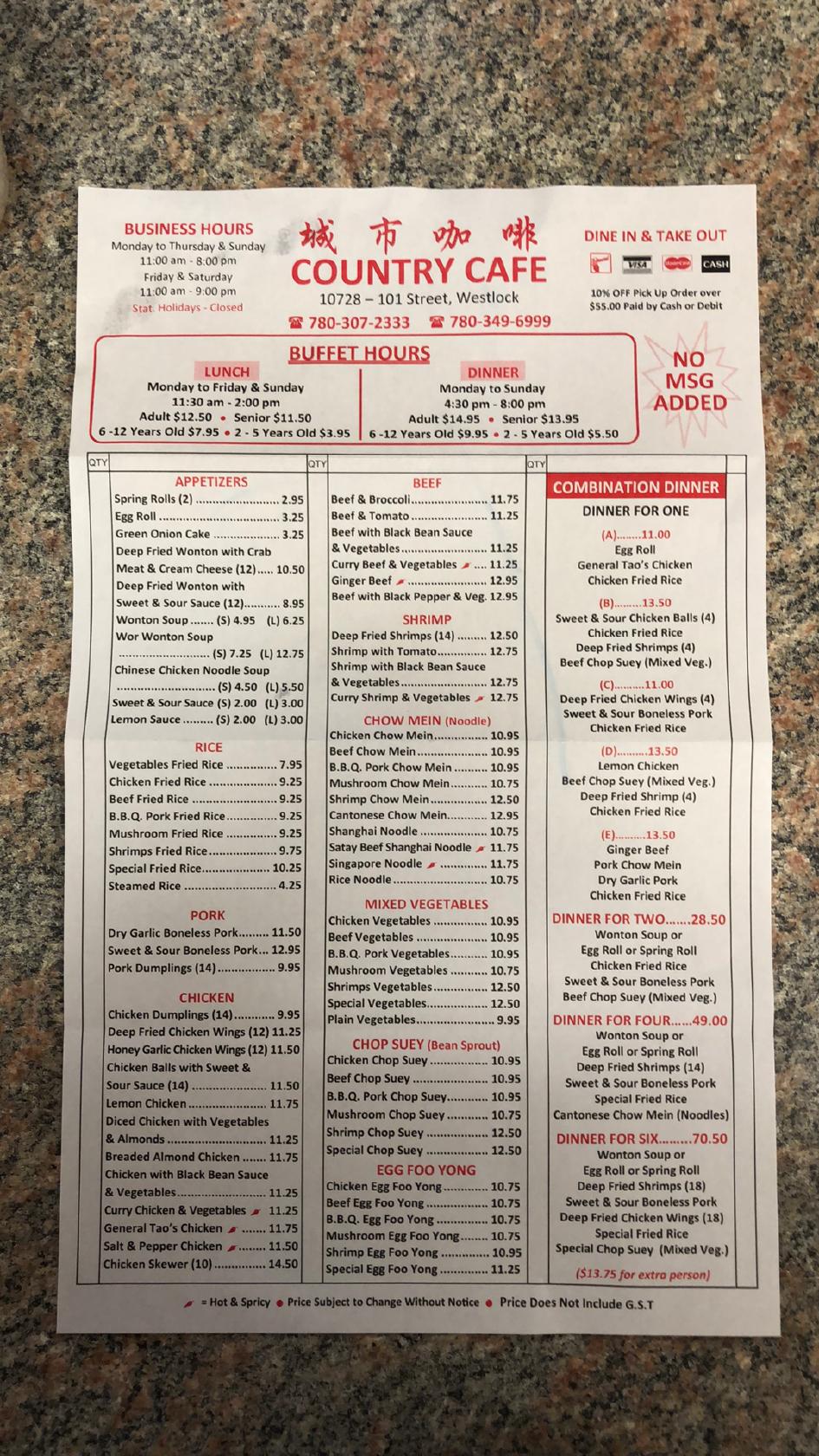 Menu at Country Cafe, Westlock