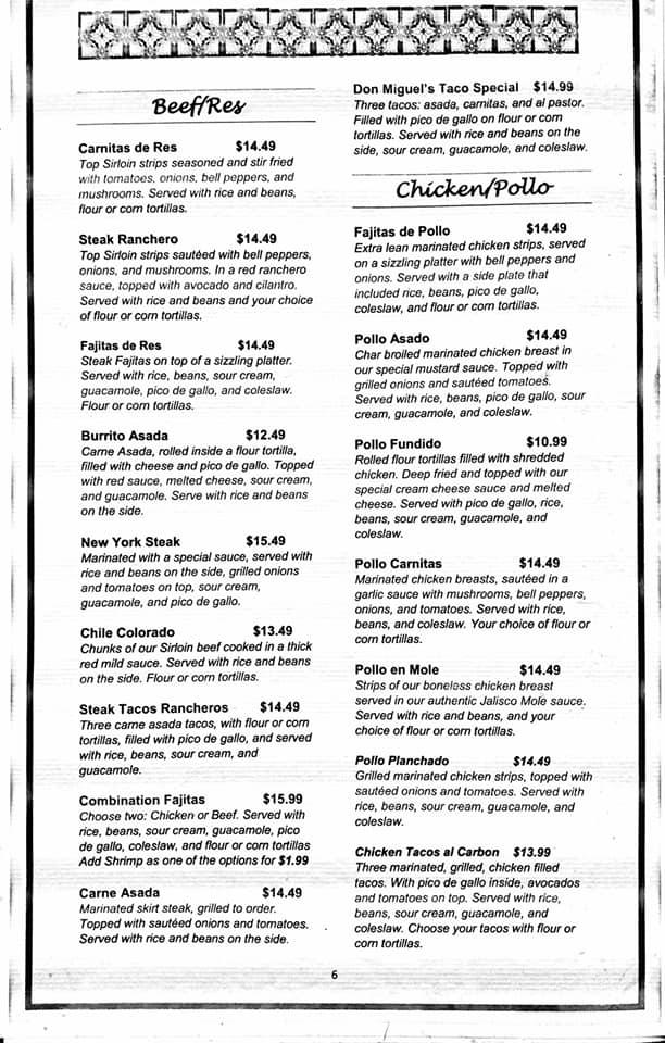 Menu at Don Miguel restaurant, Cedar City