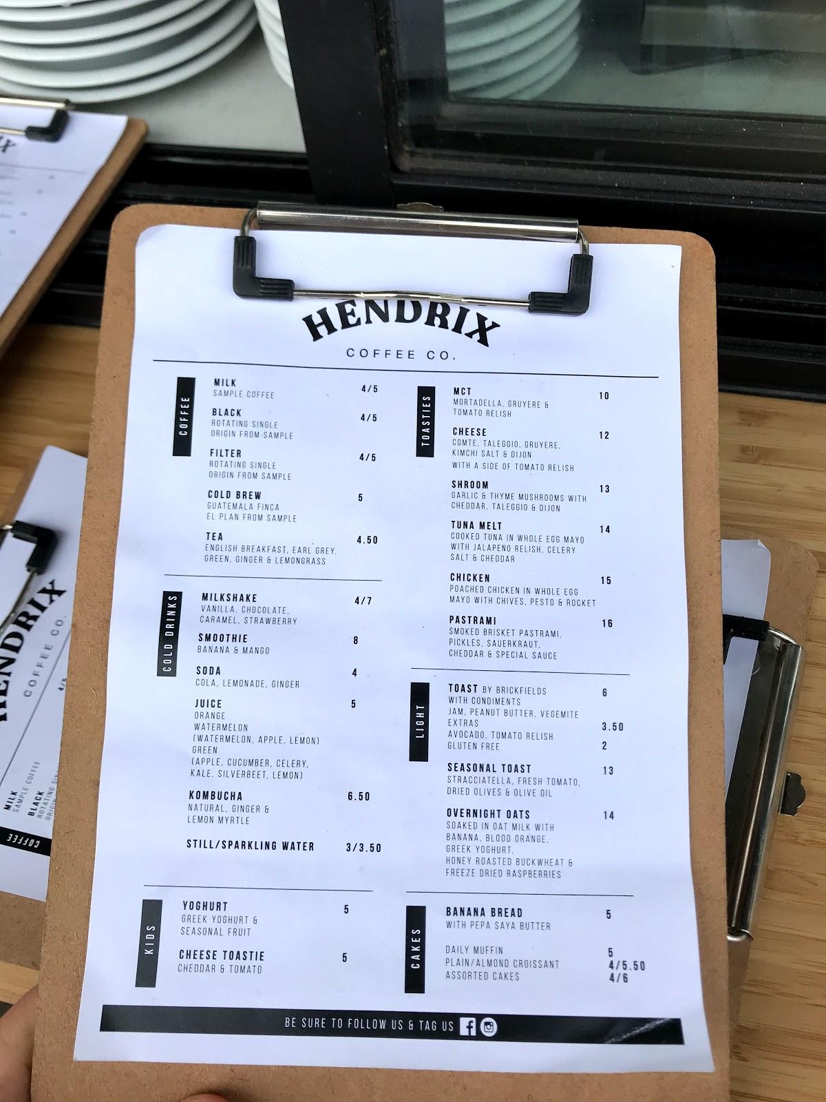 Menu at Hendrix Coffee Co cafe, Cronulla