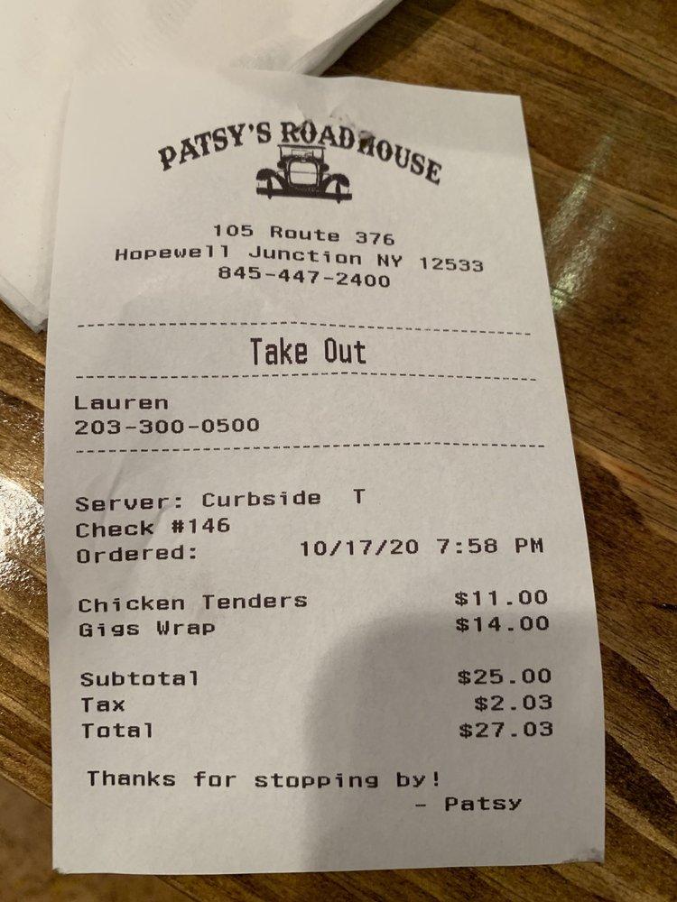 Menu at Patsy’s Roadhouse restaurant, Hopewell Junction