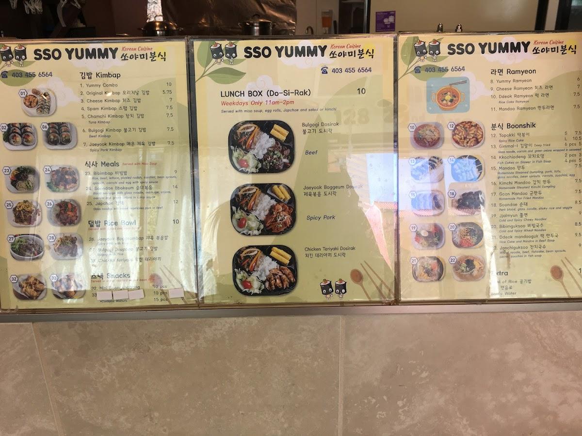 Menu at Sso Yummy restaurant, Calgary