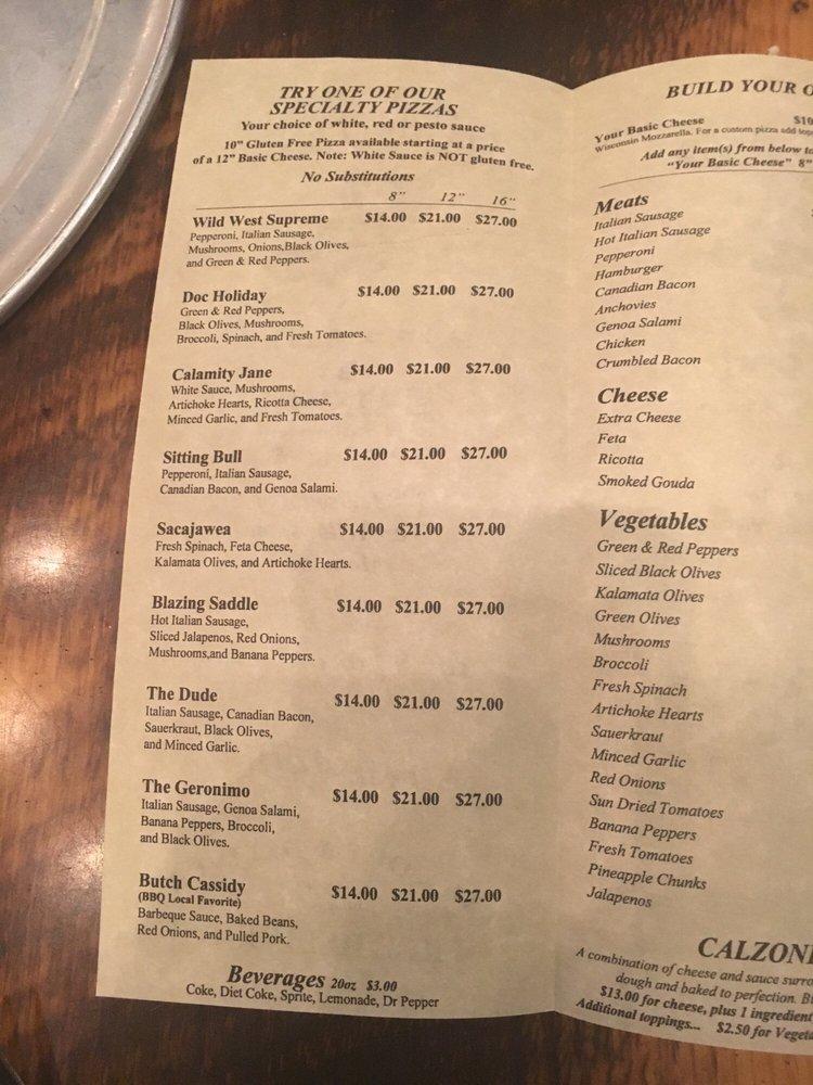 Menu at Wild West Pizzeria & Saloon, West Yellowstone