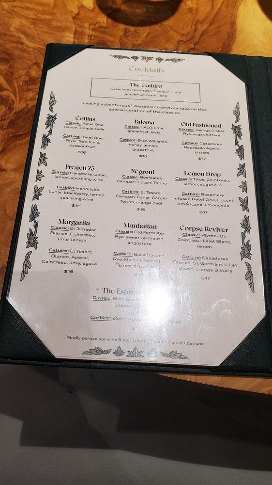 Menu at Catbird restaurant, Dallas