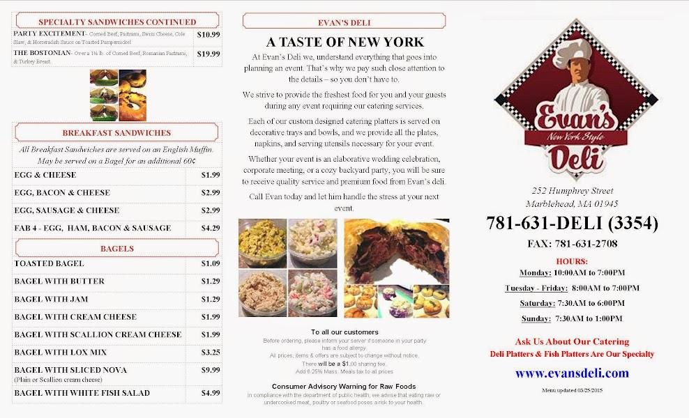 Menu at Evan's New York Style Deli restaurant, Marblehead, 252 Humphrey St