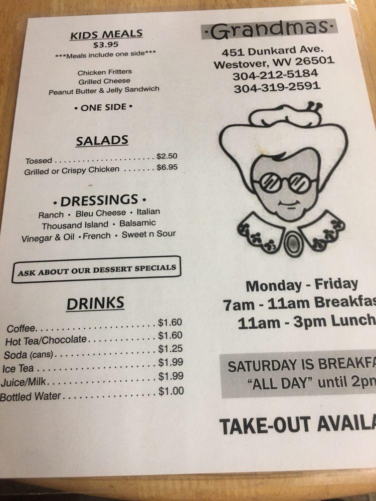 Menu at Grandma's Country Kitchen restaurant, Westover