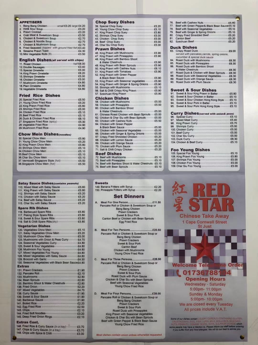 Menu at Red Star fast food, Pendeen