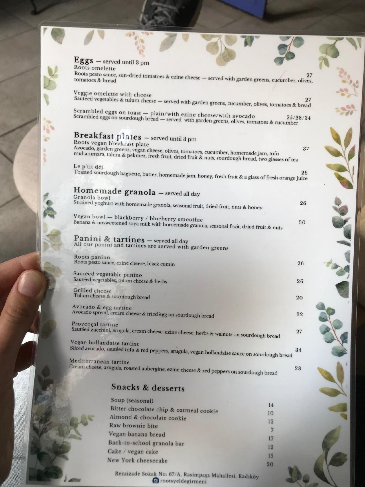 Menu at Roots cafe & botanik, Istanbul