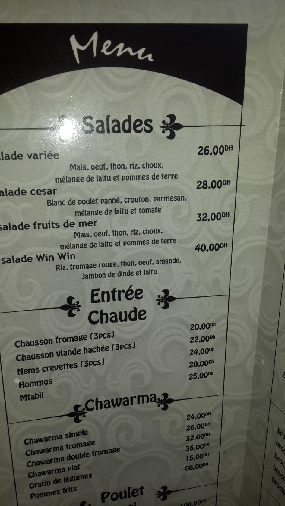 Menu at Win Win restaurant, Temara