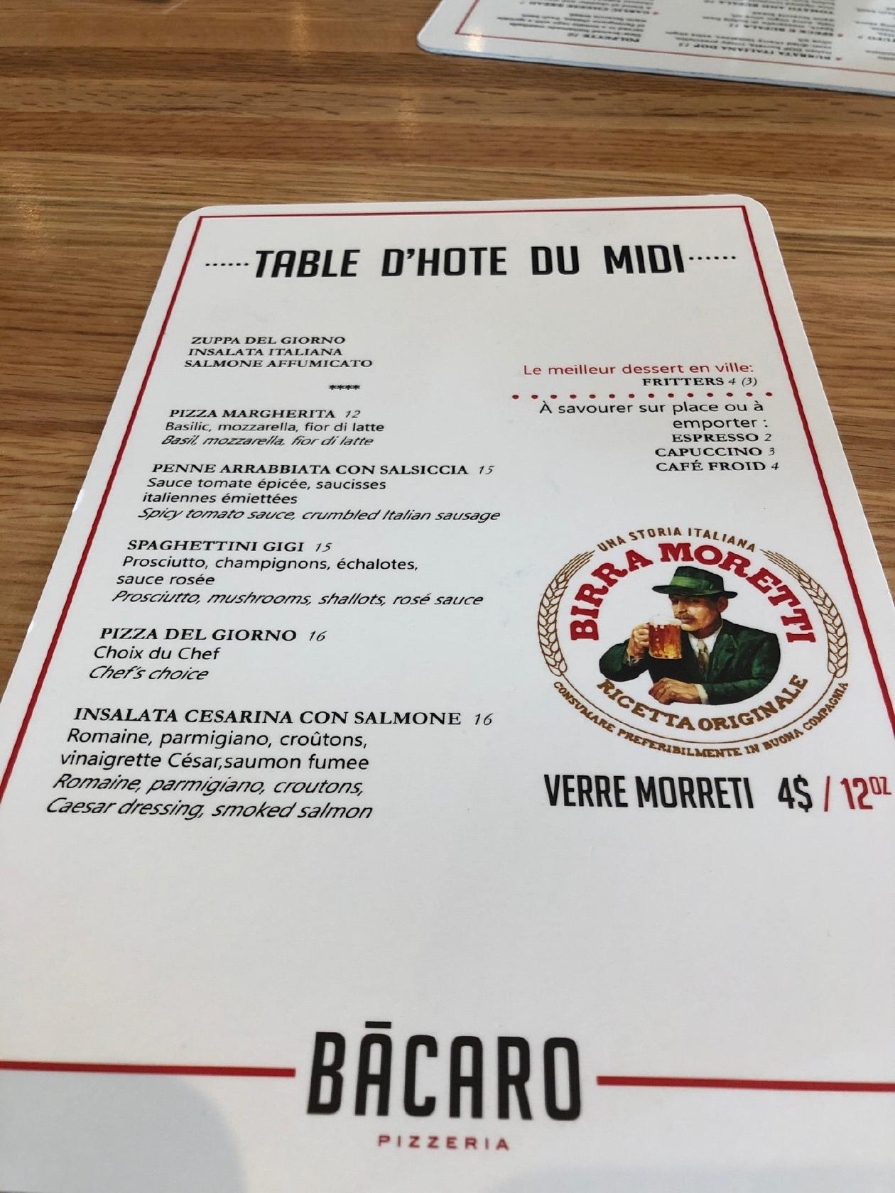 Menu at Bacaro Pizzeria - Lucerne, Mount Royal, Lucerne Rd