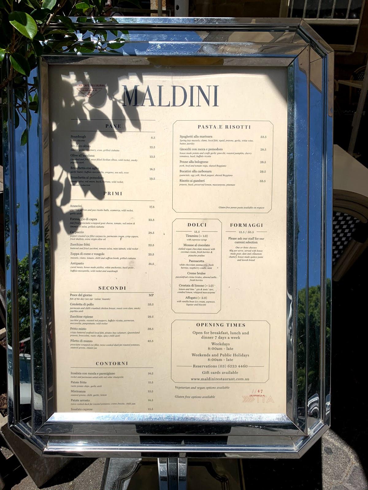 Menu at Maldini restaurant, Hobart