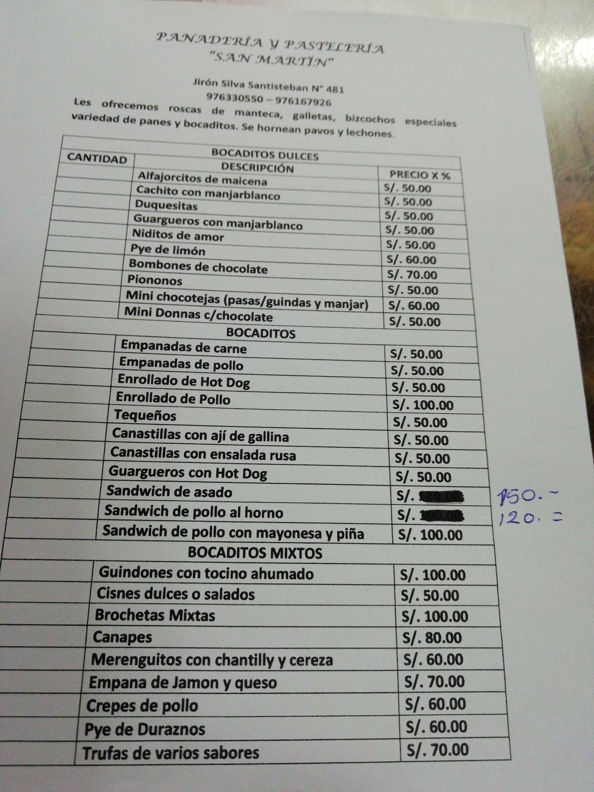 Menu at Panaderia Y Pasteleria San Martin. restaurant, Cajamarca