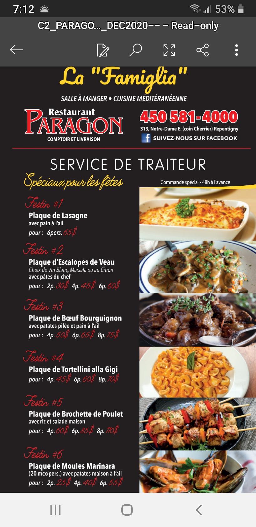 Menu au La Famiglia Paragon pizzeria, Repentigny