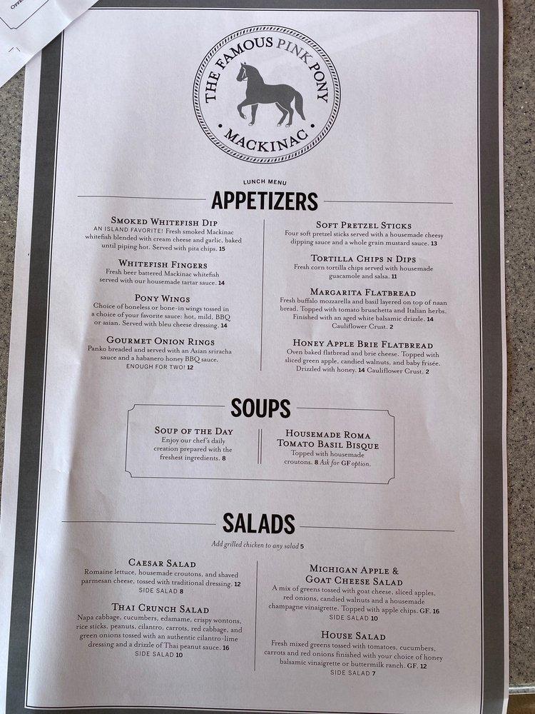 Menu at Pink Pony pub & bar, Mackinac Island