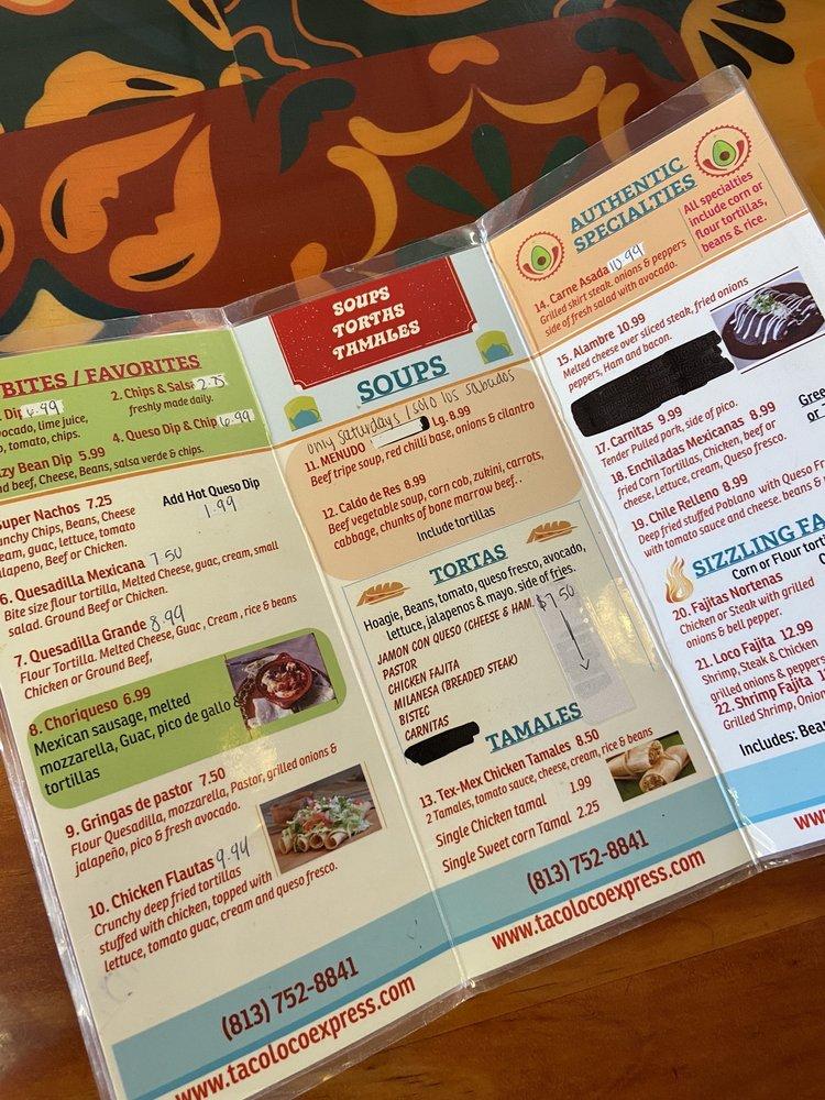 Menu at Taco Loco express mexican kitchen restaurant, Plant City